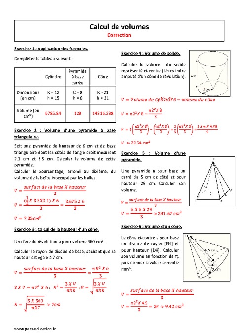 Calcul de volumes - 4ème - Exercices à imprimer - Pass Education