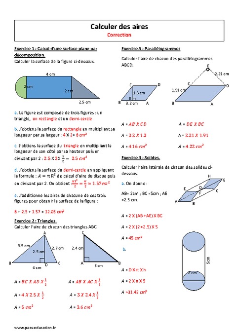Calculer des aires - 5ème - Exercices corrigés - Pass Education