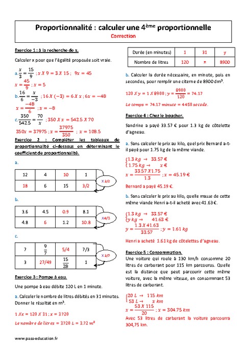 Calculer une 4ème proportionnelle - Exercices de 4ème sur la ...