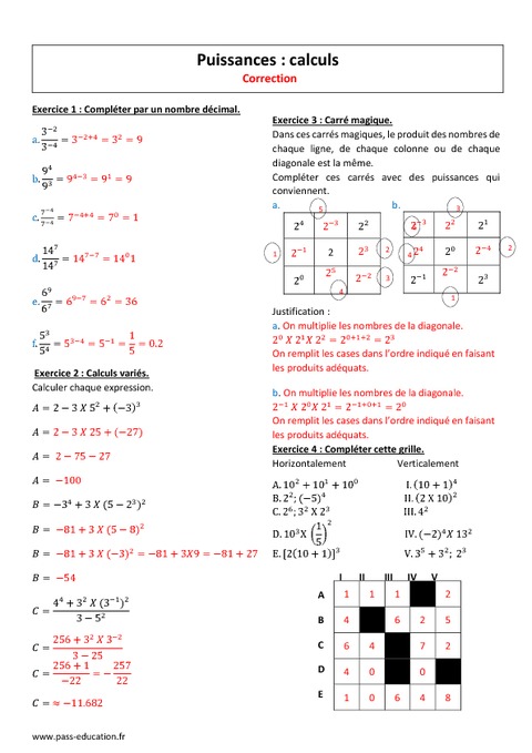 Calculs - 4ème - Exercices à imprimer sur les puissances - Pass Education