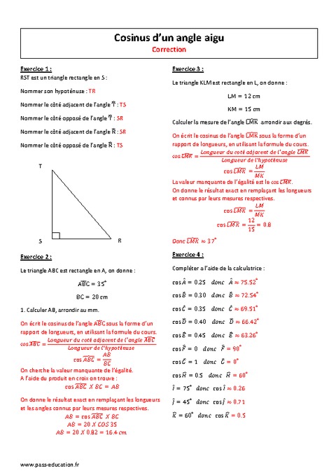 Cosinus - Angle aigu - 4ème - Exercices à imprimer - Pass Education