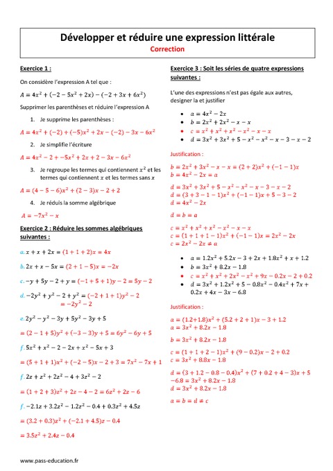 Développer et réduire une expression littérale - 4ème - Exercices ...