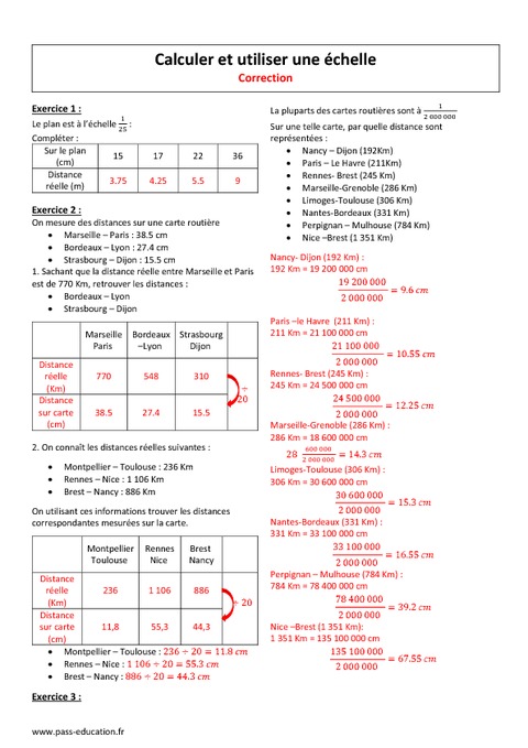 Echelle - Calculer - Utiliser - 5ème - Exercices corrigés - Pass Education