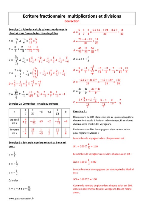 Ecriture fractionnaire - Multiplications et divisions - 4ème ...