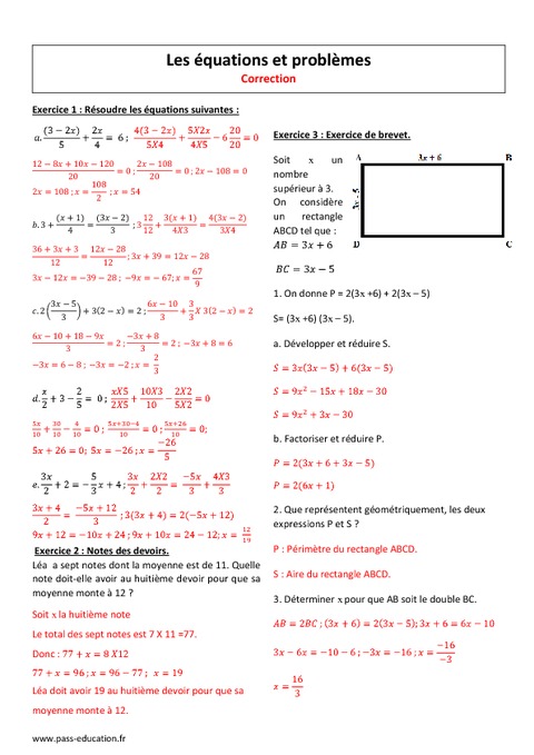 Equations et problèmes – 3ème – Exercices à imprimer - Brevet - Pass ...
