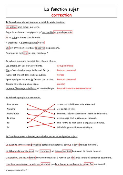 Fonction sujet - 6ème - Exercices corrigés - Pass Education