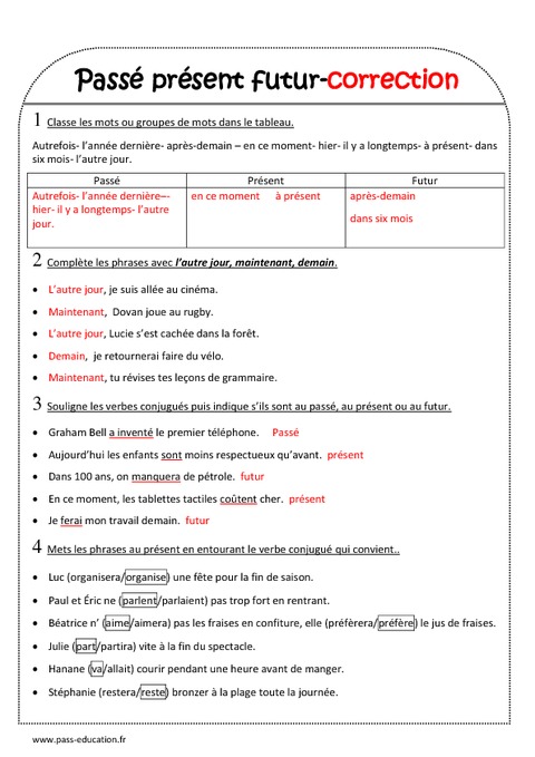 Passe présent futur - Ce2 - Exercices corrigés - Pass Education