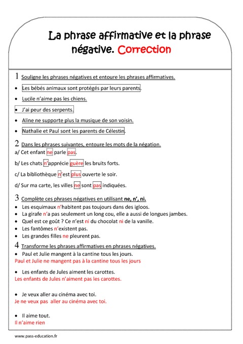 Phrase affirmative et négative - Ce2 - Exercices corrigés - Pass Education
