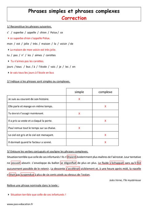 Phrases simples et phrases complexes - 6ème - Exercices corrigés - Pass ...