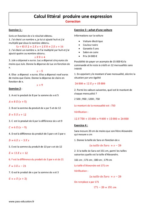 Produire une expression - Calcul littéral - 5ème - Exercices corrigés ...