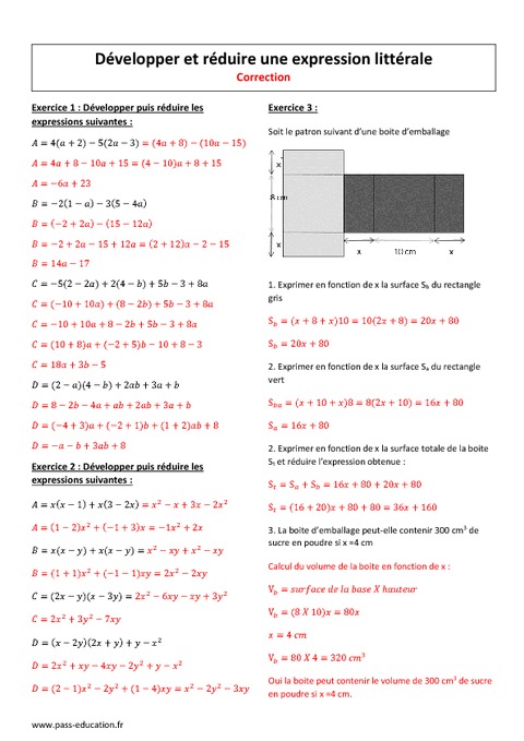 Réduire et développer une expression littérale - 4ème - Exercices à ...