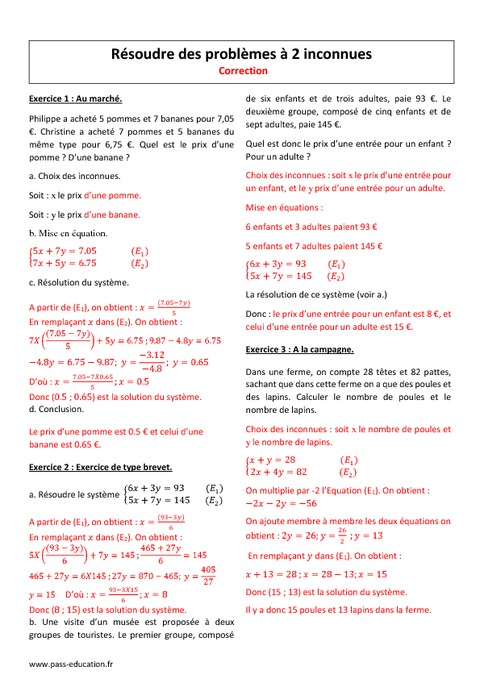 Résoudre des problèmes à 2 inconnues - 3ème - Exercices - Equations ...