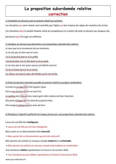 Subordonnée relative - 6ème - Exercices sur les propositions - Pass ...