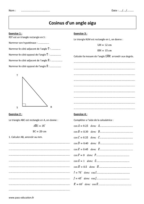 Cosinus - Angle aigu - 4ème - Exercices à imprimer - Pass Education