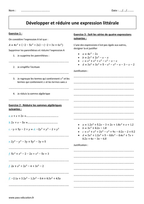 Développer et réduire une expression littérale - 4ème - Exercices ...
