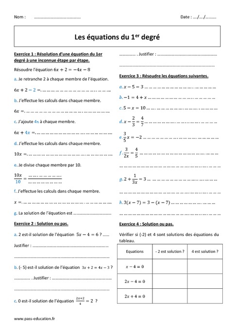 1er degré - Equations - 4ème - Exercices à imprimer - Pass Education