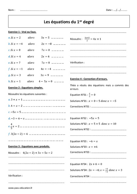Equations du 1er degré - 4ème - Exercices corrigés - Pass Education