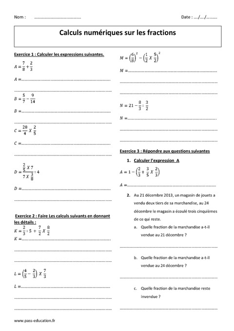 Fractions - 3ème - Exercices corrigés sur les calculs numériques - Pass ...
