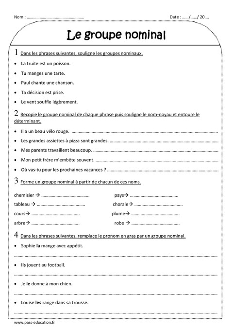 Groupe nominal - Ce2 - Exercices corrigés à imprimer - Pass Education