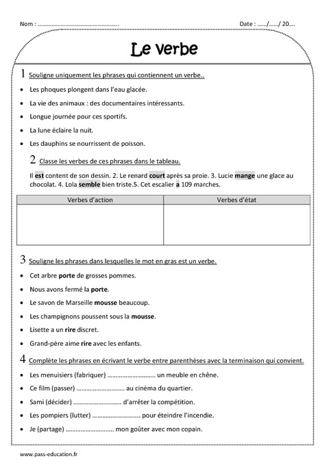 Les verbes - Ce2 - Exercices à imprimer avec la correction - Pass Education