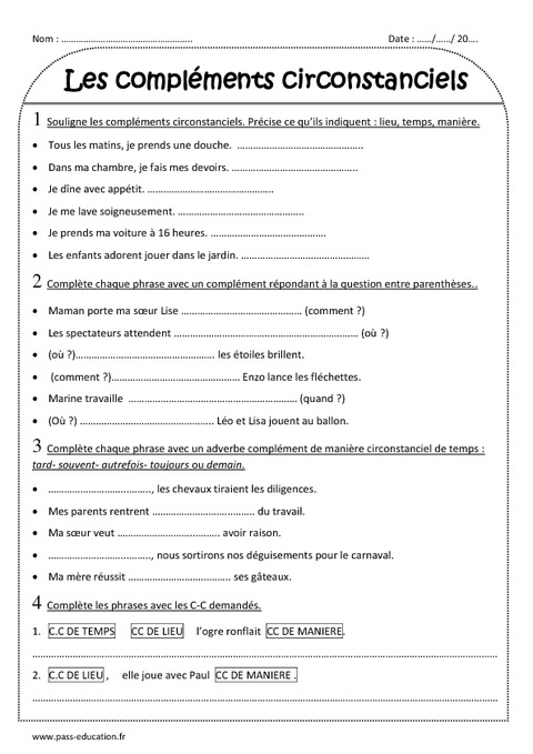 Lieu, temps et manière - Ce2 - Exercices sur les compléments ...
