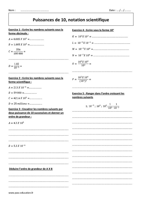 Notation scientifique - Puissances de 10 - 4ème - Exercices à imprimer ...