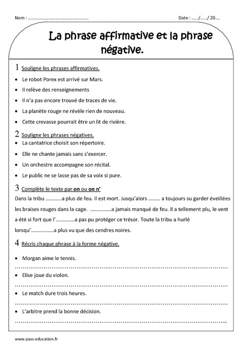 Phrase négative et affirmative - Ce2 - Exercices sur les formes de ...