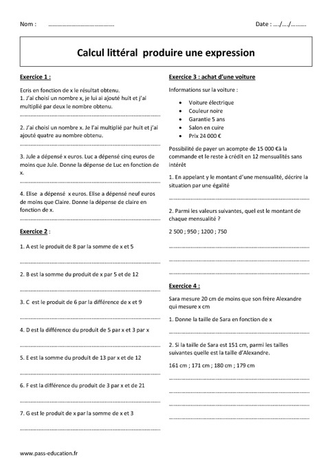 Produire une expression - Calcul littéral - 5ème - Exercices corrigés ...