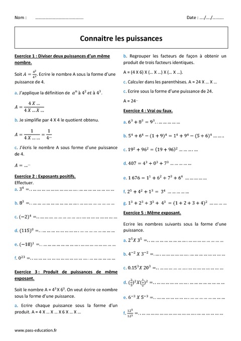 Puissances - 4ème - Exercices corrigés à imprimer - Pass Education