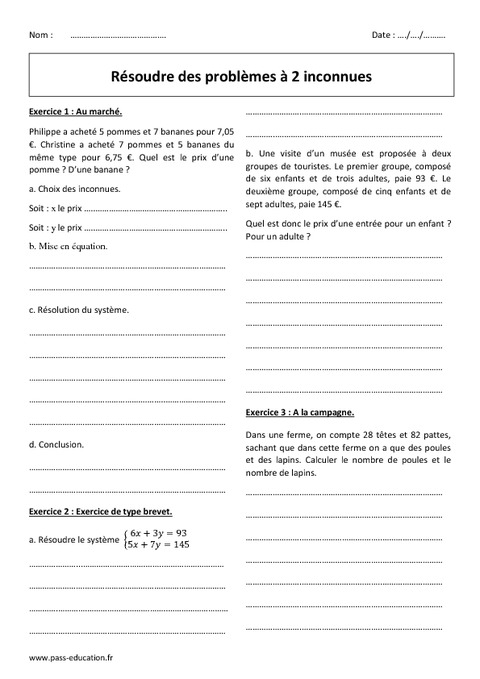 Résoudre des problèmes à 2 inconnues - 3ème - Exercices - Equations ...