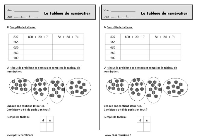Tableau de numération - Ce1 - Exercices de numération - Pass Education