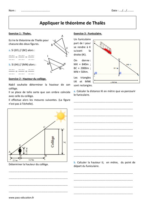 Théorème de Thalès - 4ème - Exercices à imprimer - Pass Education