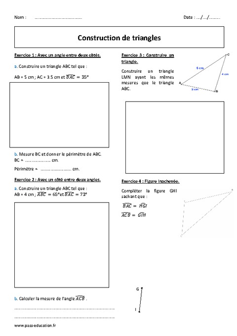 Triangles - 5ème - Exercices à imprimer - Pass Education
