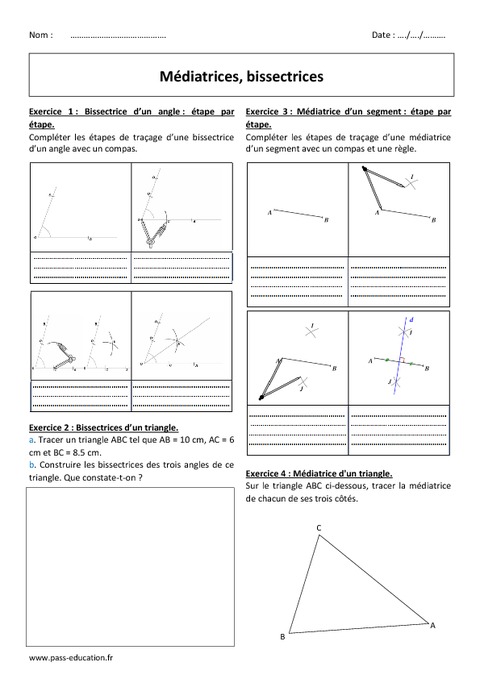 Bissectrices - Médiatrices - 6ème - Exercices à imprimer - Pass Education