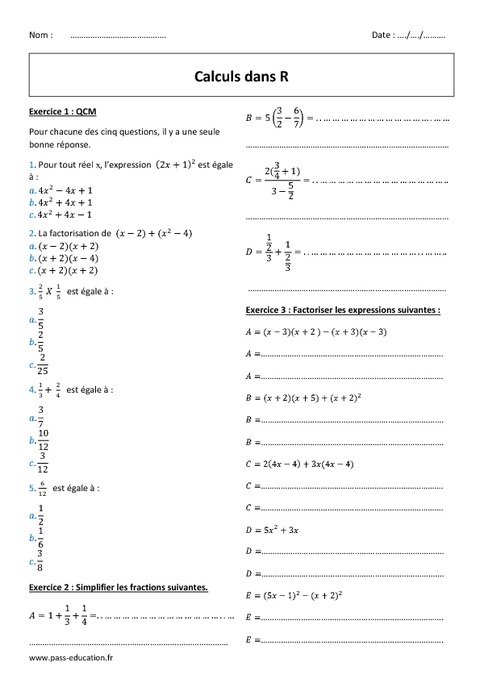 Calculs dans R - Seconde - Exercices corrigés - Pass Education