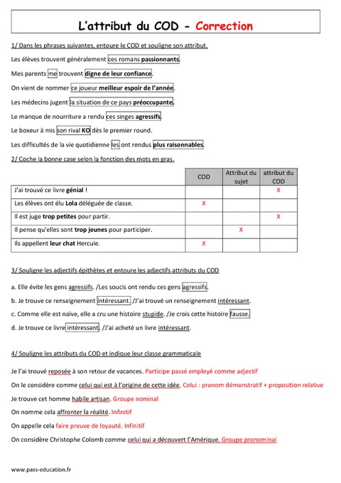 Attribut du COD - 3ème - Exercices corrigés - Pass Education