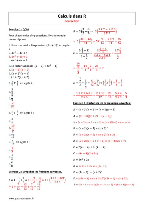 Calculs dans R - Seconde - Exercices corrigés - Pass Education