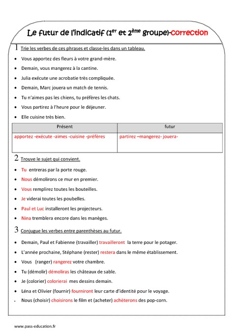 Futur de l'indicatif - 1er et 2ème groupe - Ce2 - Exercices corrigés ...