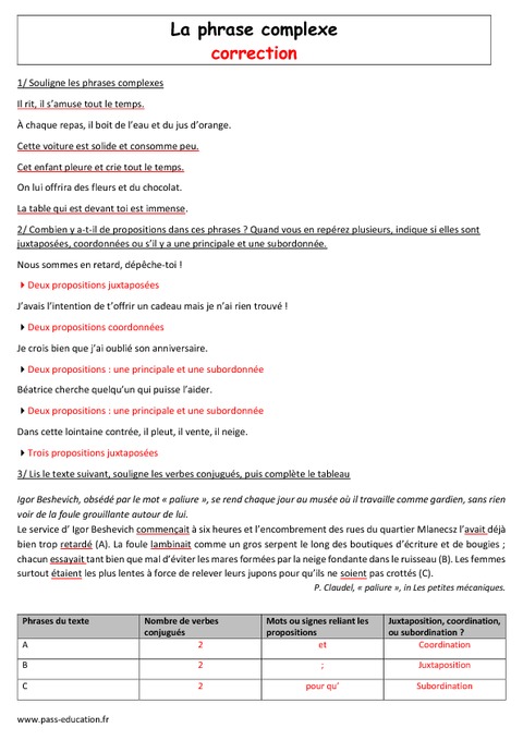 Phrases simples et phrases complexes - 3ème - Exercices corrigés - Pass ...