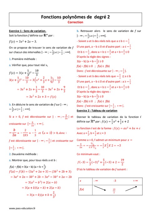 Polynôme du second degré - 2nde - Exercices corrigés - Pass Education