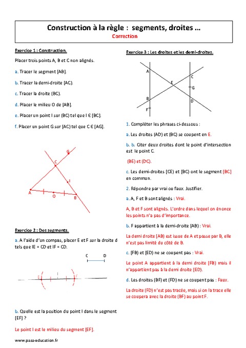 Segments - Droites - 6ème - Exercices corrigés - Construction à la ...