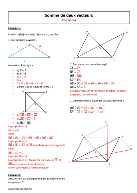 Somme de deux vecteurs - 2nde - Exercices corrigés - Pass Education