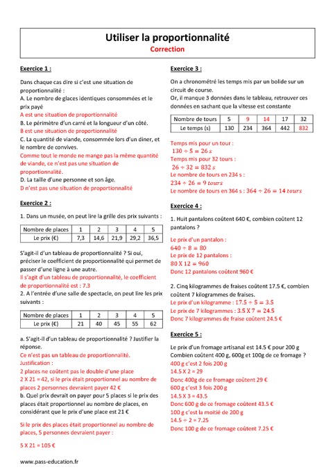 Utiliser la proportionnalité - 6ème - Exercices à imprimer - Pass Education