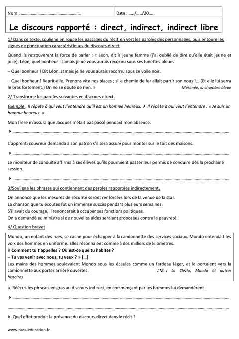 Direct, indirect, indirect libre - 3ème - Exercices à imprimer sur les ...
