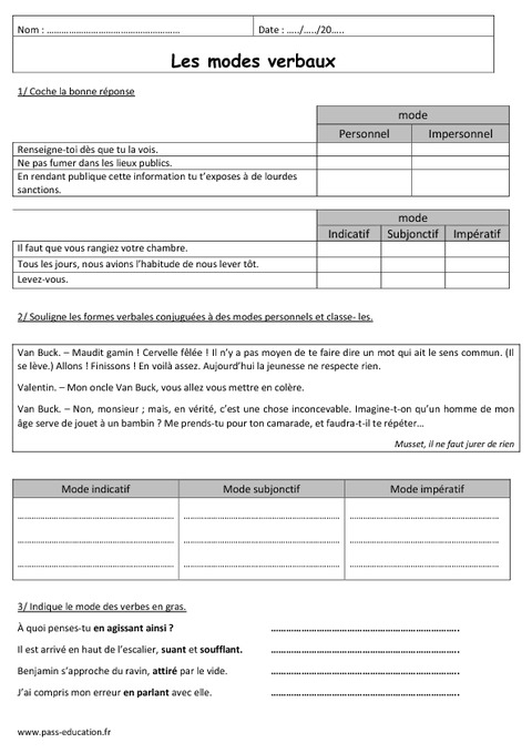Modes verbaux - 3ème - Exercices avec correction - Pass Education