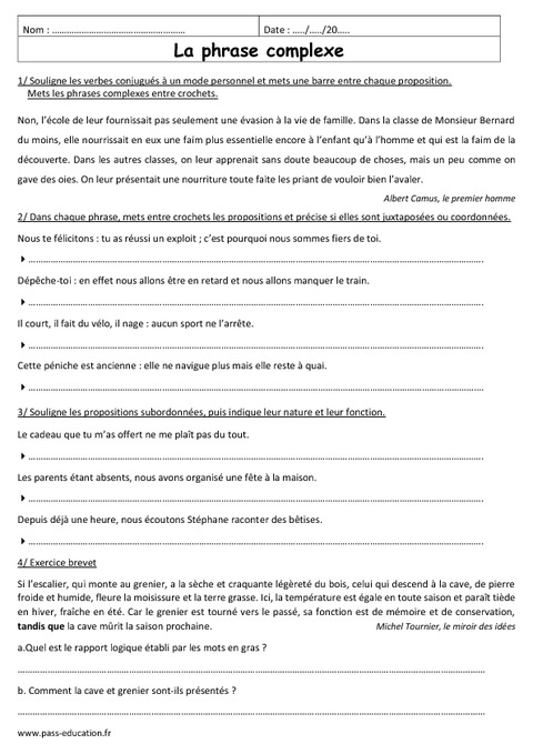 Phrases complexes - Phrases simples - 3ème - Exercices à imprimer ...
