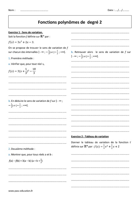 Polynôme du second degré - 2nde - Exercices corrigés - Pass Education