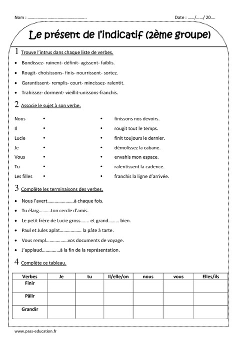 Présent de l'indicatif – 2ème groupe - Ce2 - Exercices corrigés - Pass ...