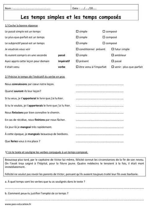 Temps simples et composés - 3ème - Exercices corrigés - Pass Education