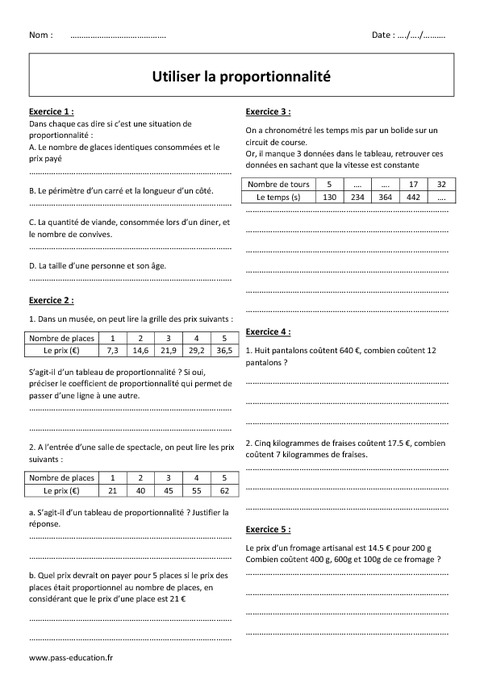 Utiliser la proportionnalité - 6ème - Exercices à imprimer - Pass Education